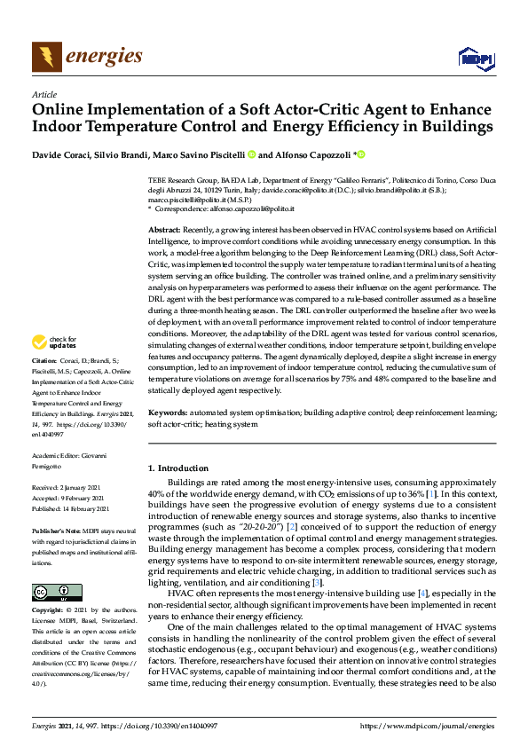 (PDF) Online Implementation of a Soft Actor-Critic Agent to Enhance Indoor Temperature Control ...