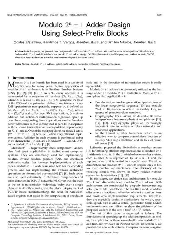 Pdf Modulo 2sup N ± Adder Design Using Select Prefix Blocks