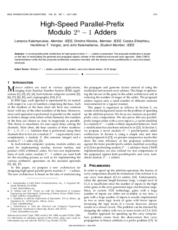 (PDF) High-speed parallel-prefix module 2/sup n/-1 adders | Dimitris Nikolos - Academia.edu