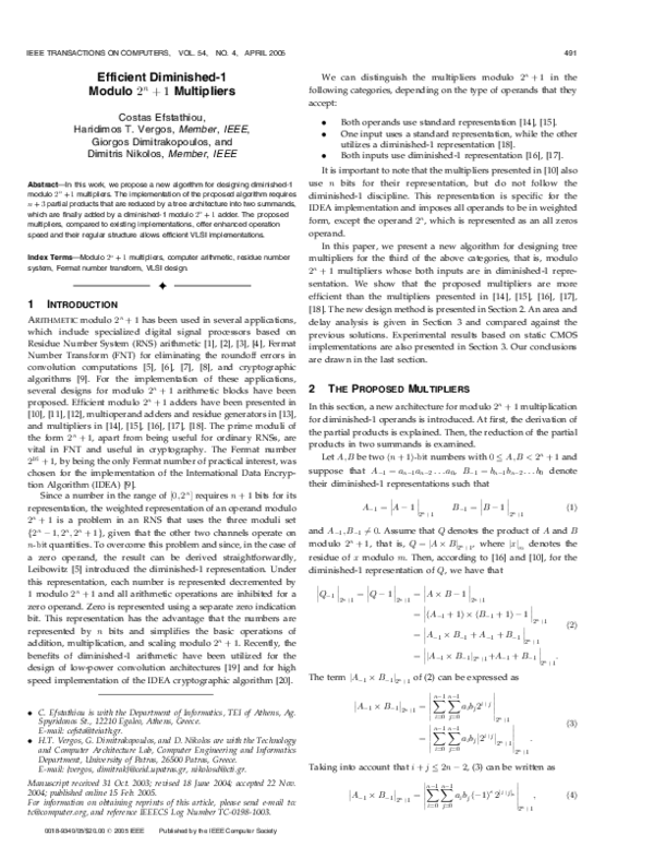 (PDF) Efficient Diminished-1 Modulo 2^n+1 Multipliers