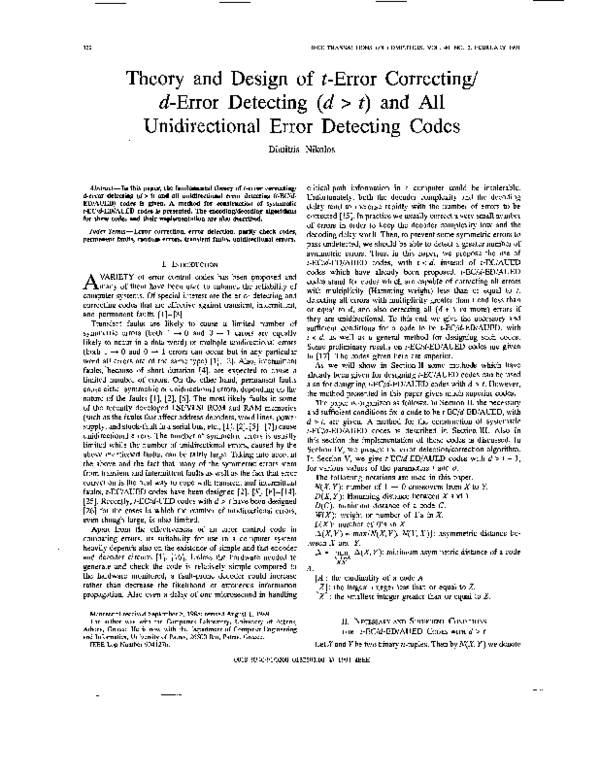 (PDF) Theory and design of t-error correcting/d-error detecting (d
