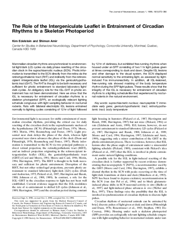 (PDF) The role of the intergeniculate leaflet in entrainment of ...