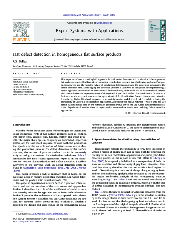 (PDF) Fast defect detection in homogeneous flat surface products