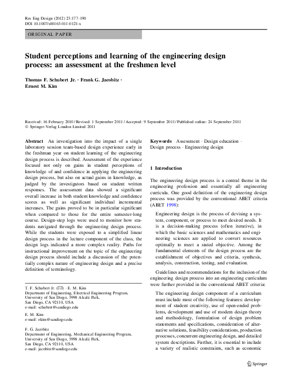 (PDF) Student perceptions and learning of the engineering design ...