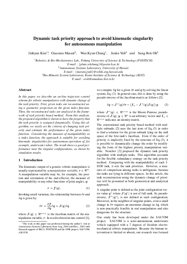 Pdf Dynamic Task Priority Approach To Avoid Kinematic Singularity For Autonomous Manipulation