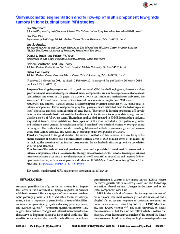 Pdf Semiautomatic Segmentation And Follow Up Of Multicomponent Low Grade Tumors In