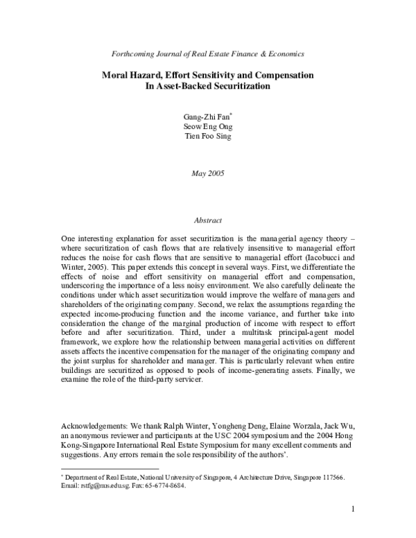 (PDF) Moral Hazard, Effort Sensitivity and Compensation in Asset-Backed ...