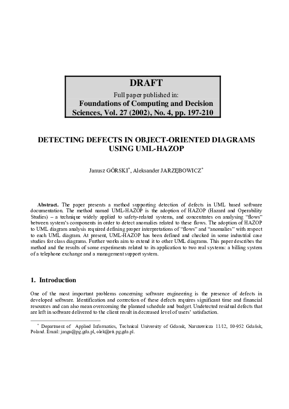 Pdf Detecting Defects In Object Oriented Diagrams Using Uml Hazop