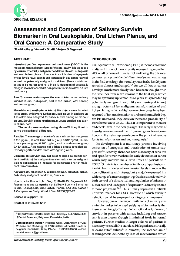 (PDF) Assessment and Comparison of Salivary Survivin Biomarker in Oral Leukoplakia, Oral Lichen ...