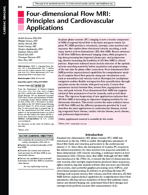 (PDF) Four-dimensional Flow MRI: Principles and Cardiovascular Applications