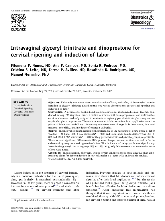 (PDF) Intravaginal glyceryl trinitrate and dinoprostone for cervical ...