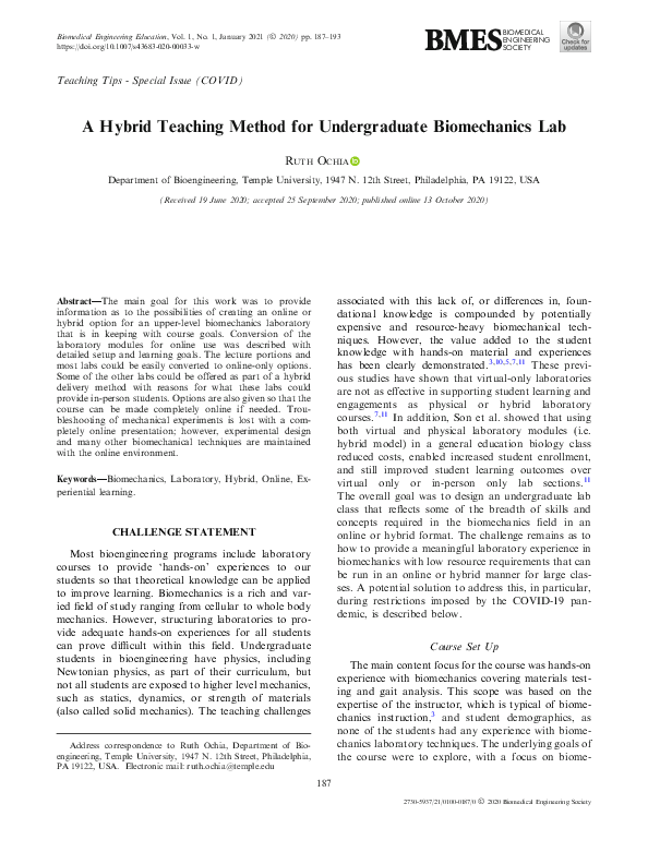 (PDF) A Hybrid Teaching Method for Undergraduate Biomechanics Lab