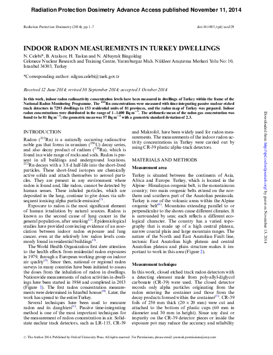 (PDF) Indoor Radon Measurements in Turkey Dwellings