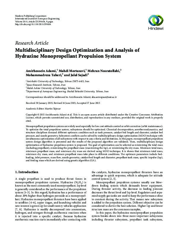 (PDF) Multidisciplinary Design Optimization and Analysis of Hydrazine Monopropellant Propulsion ...