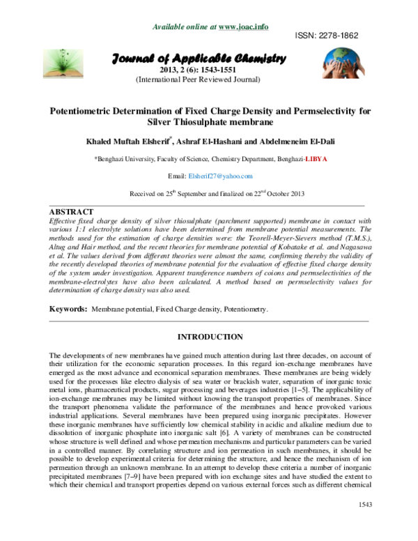 (PDF) Potentiometric determination of fixed charge density and ...