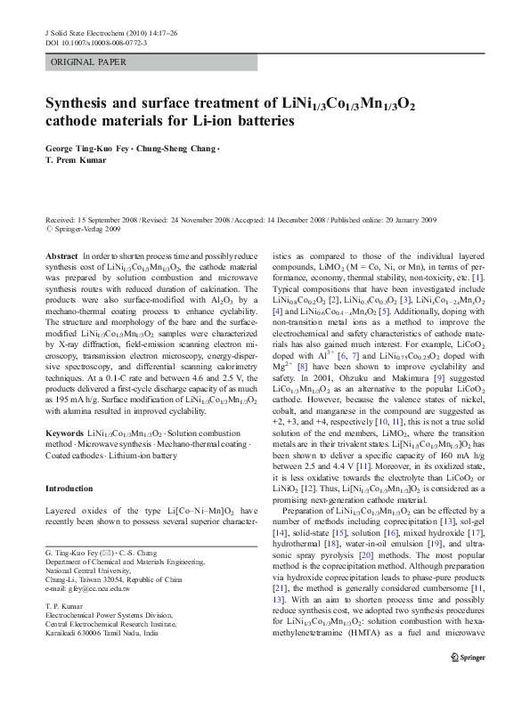 (PDF) Synthesis and surface treatment of LiNi1/3Co1/3Mn1/3O2 cathode materials for Li-ion batteries