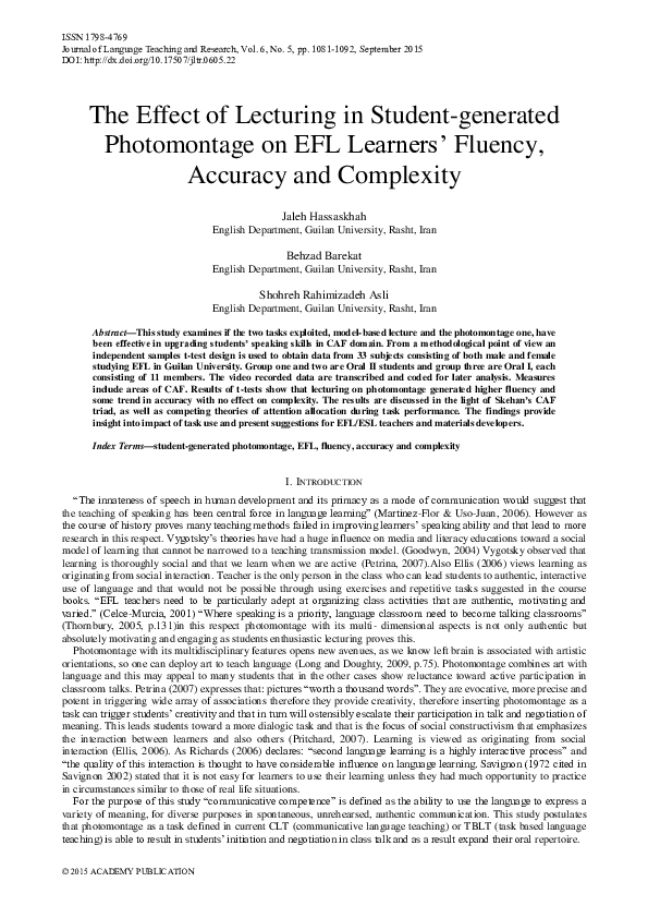 (PDF) The Effect of Lecturing in Student-generated Photomontage on EFL Learners’ Fluency ...