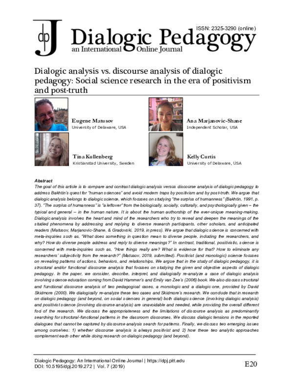 Pdf Dialogic Analysis Vs Discourse Analysis Of Dialogic Pedagogy Social Science Research In