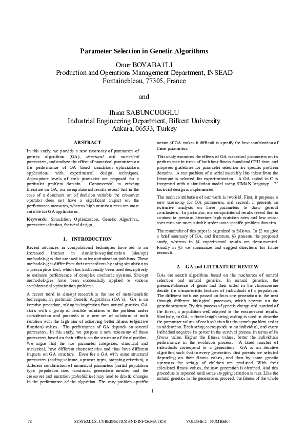 (PDF) Parameter Selection in Genetic Algorithms