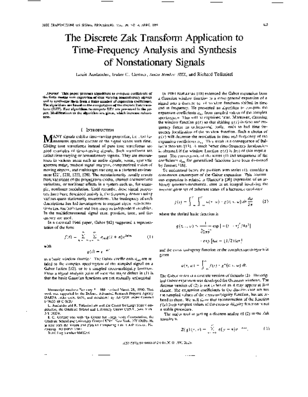 (PDF) The discrete Zak transform application to time-frequency analysis and synthesis of ...