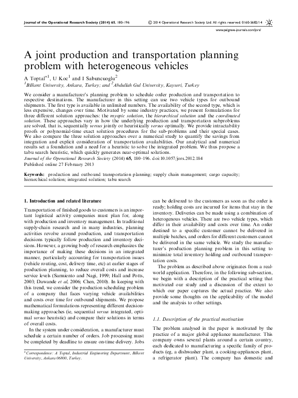 (PDF) A joint production and transportation planning problem with ...