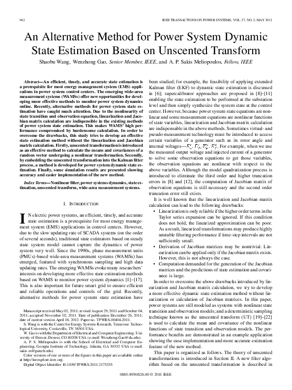 Pdf An Alternative Method For Power System Dynamic State Estimation Based On Unscented