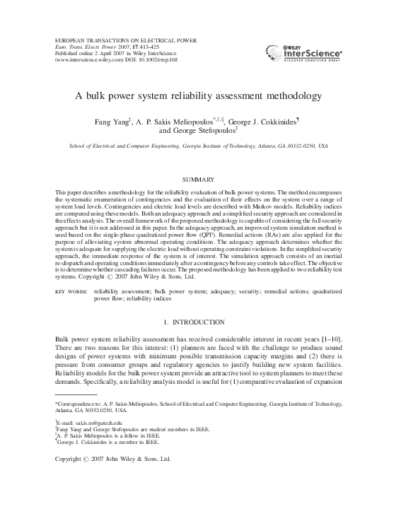 (PDF) A bulk power system reliability assessment methodology