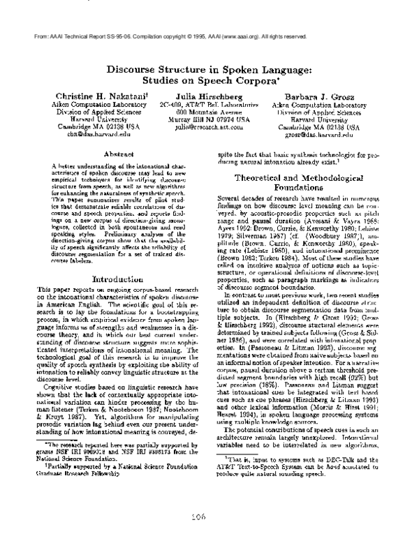 (PDF) Discourse Structure in Spoken Language: Studies on Speech Corpora
