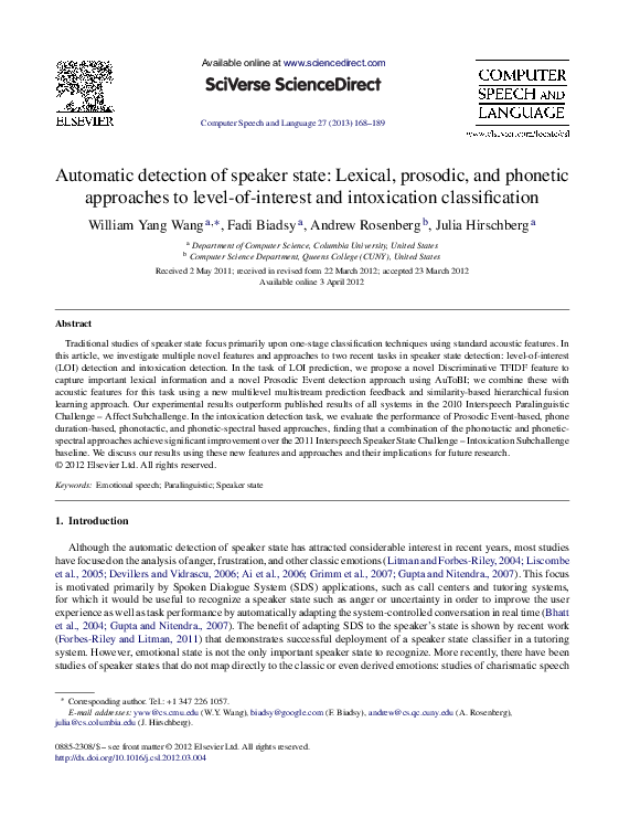 Pdf Automatic Detection Of Speaker State Lexical Prosodic And Phonetic Approaches To Level