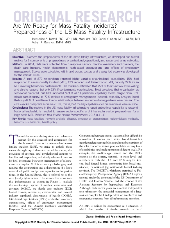 (PDF) Are We Ready for Mass Fatality Incidents? Preparedness of the US ...