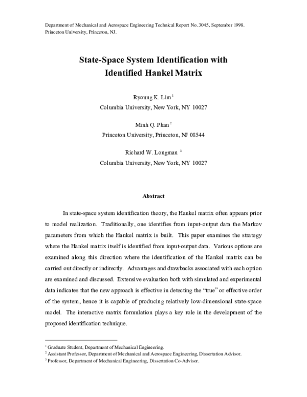 Pdf State Space System Identification With Identified Hankel Matrix