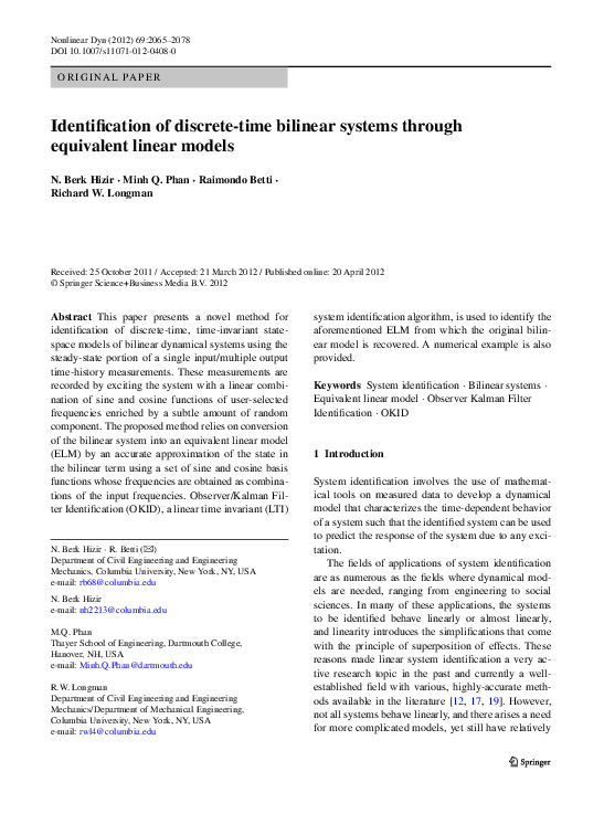 Pdf Identification Of Discrete Time Bilinear Systems Through Equivalent Linear Models