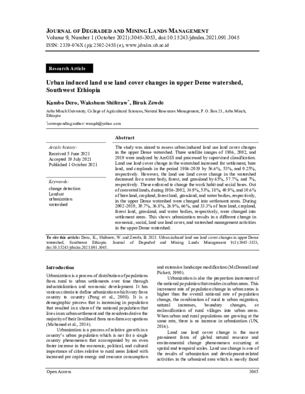 (PDF) Urban induced land use land cover changes in upper Deme watershed ...