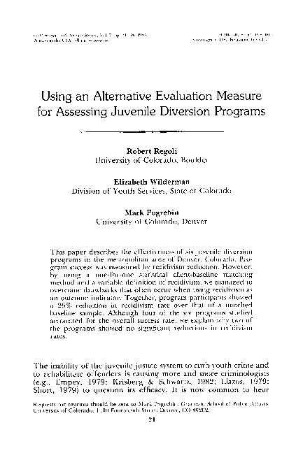 (PDF) Using an alternative evaluation measure for assessing juvenile diversion programs | Mark ...
