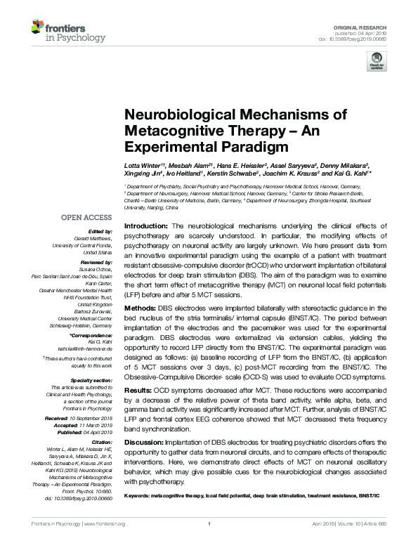 (PDF) Neurobiological Mechanisms of Metacognitive Therapy – An Experimental Paradigm