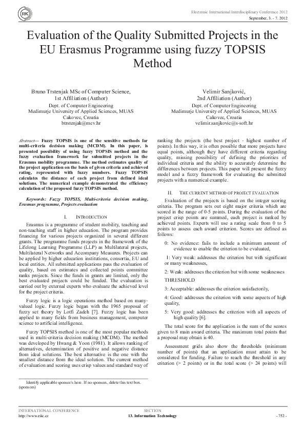 (PDF) Evaluation of the Quality Submitted Projects in the EU Erasmus Programme using fuzzy ...