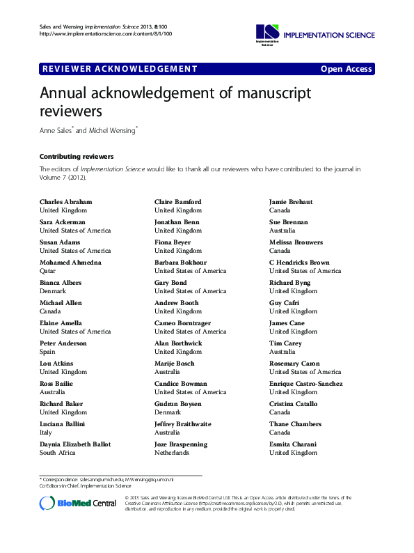 (PDF) Annual acknowledgement of manuscript reviewers