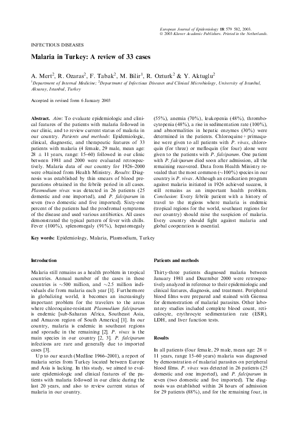 (PDF) Malaria in Turkey: A review of 33 cases