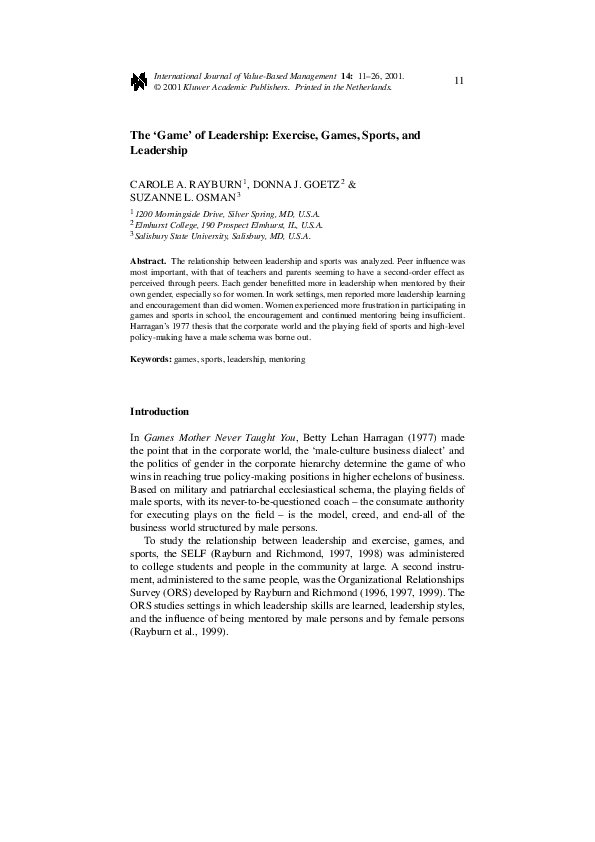 (PDF) The `Game' of Leadership: Exercise, Games, Sports, and Leadership