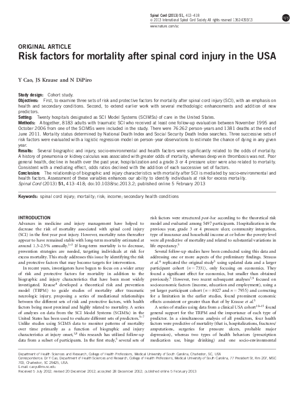 (PDF) Risk factors for mortality after spinal cord injury in the USA