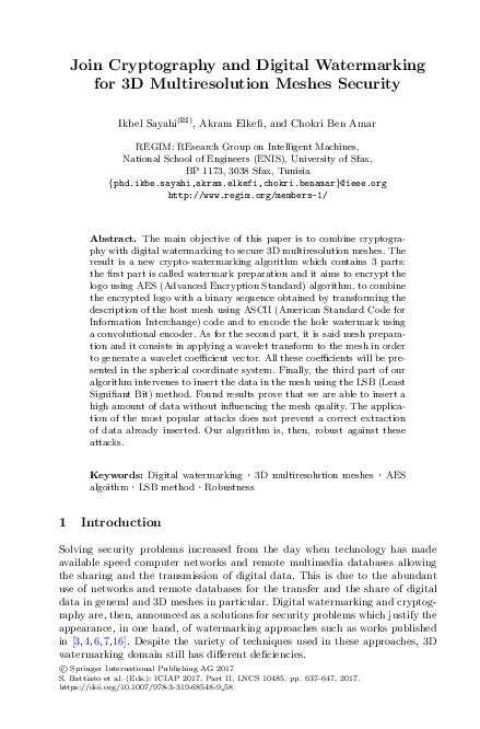 (PDF) Join Cryptography and Digital Watermarking for 3D Multiresolution Meshes Security