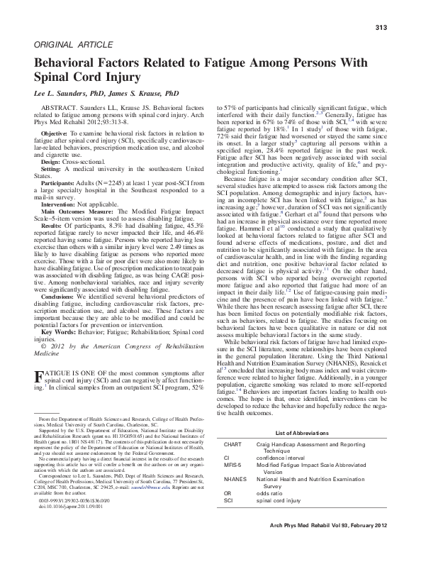 (PDF) Behavioral Factors Related to Fatigue Among Persons With Spinal Cord Injury