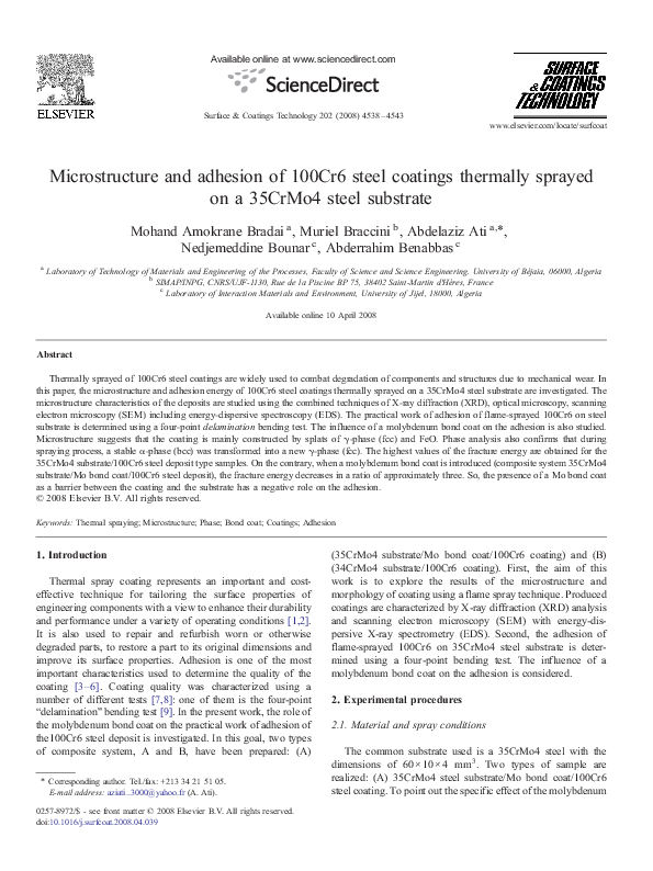 (PDF) Microstructure and adhesion of 100Cr6 steel coatings thermally ...