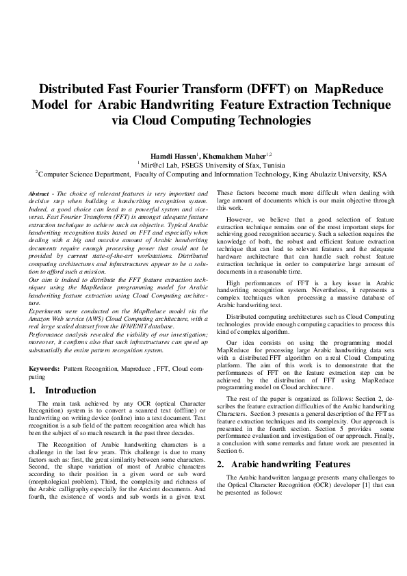 (PDF) Distributed Fast Fourier Transform (DFFT) on MapReduce Model for Arabic Handwriting ...