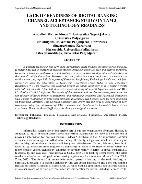 (PDF) Lack Of Readiness of Digital Banking Channel Acceptance: Study on ...