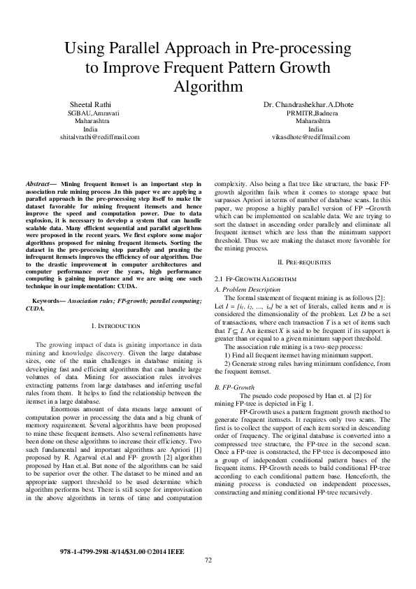 (PDF) Using parallel approach in pre-processing to improve frequent pattern growth algorithm