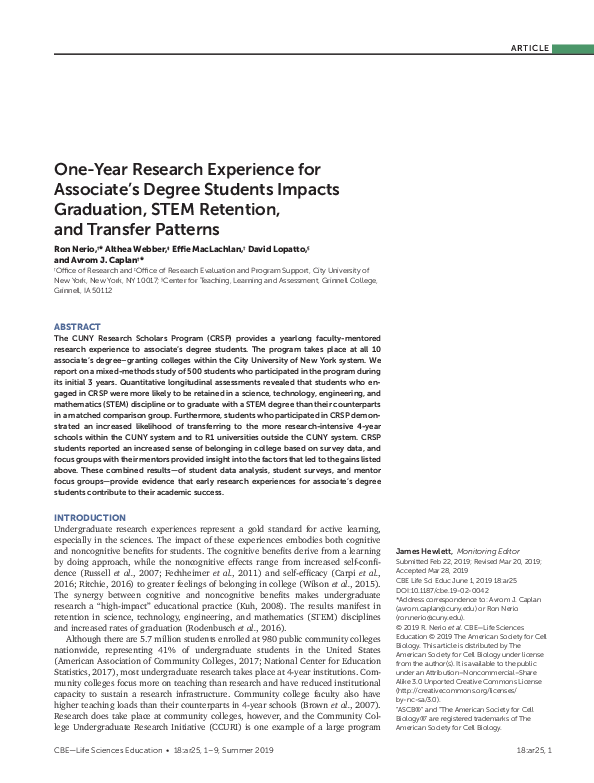 (PDF) One-Year Research Experience for Associate’s Degree Students ...