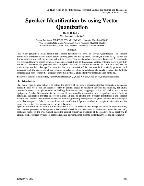 Pdf Speaker Identification By Using Vector Quantization