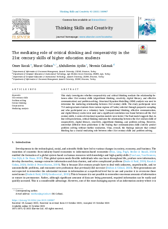 (PDF) The mediating role of critical thinking and cooperativity in the ...