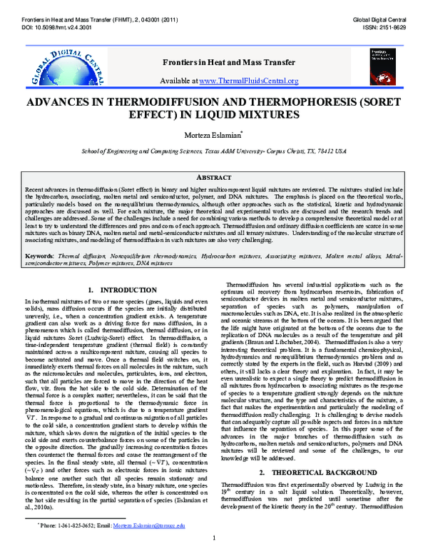 (PDF) Advances in Thermodiffusion and Thermophoresis (Soret Effect) in Liquid Mixtures